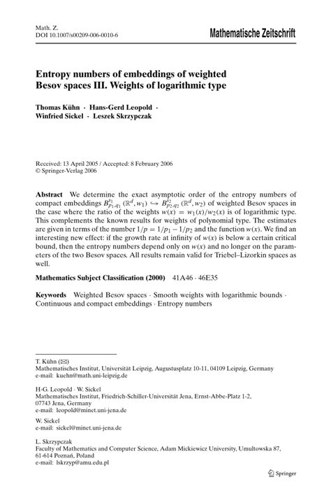 Pdf Entropy Numbers Of Embeddings Of Weighted Besov Spaces Iii