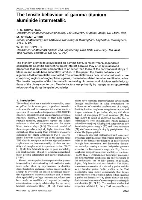 Pdf The Tensile Behaviour Of Gamma Titanium Aluminide Intermetallic