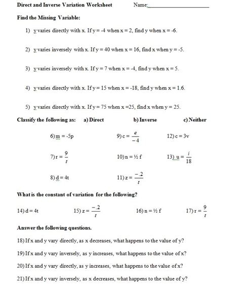 Dcmc Math Class 8 Ist Worksheet On Direct And Inverse Variation