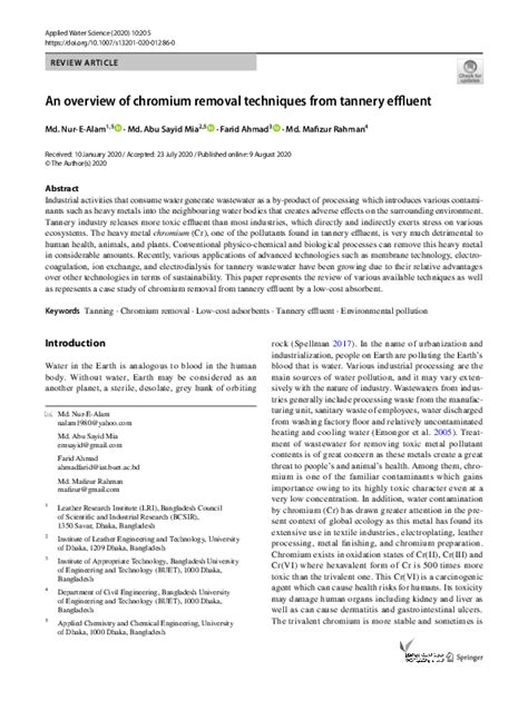 Pdf An Overview Of Chromium Removal Techniques From Tannery Effluent