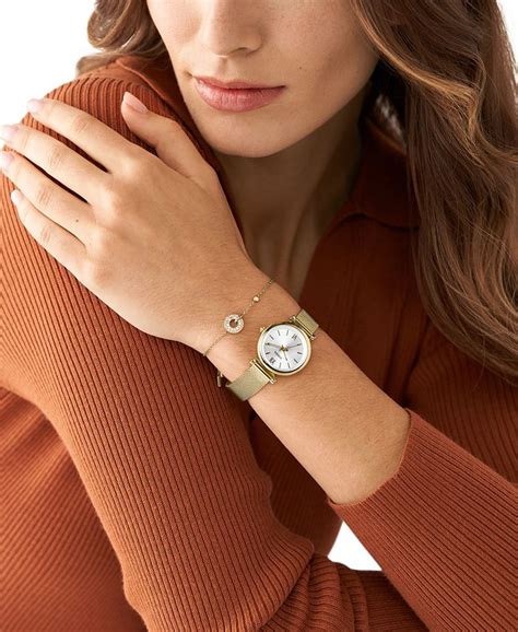 Fossil Womens Carlie Three Hand Gold Tone Stainless Steel Bracelet