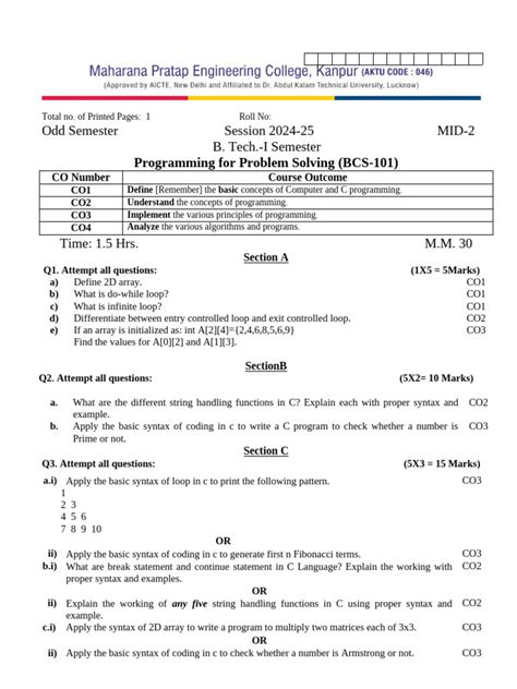 Mid 2 Question Paper Bcs 101 Pdf Control Flow Computer Programming