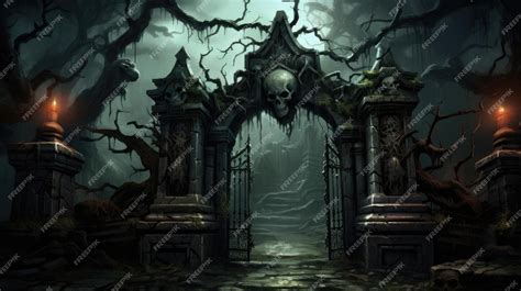 Premium Photo Scary Cemetery Gate Horror Graphic Design For Halloween