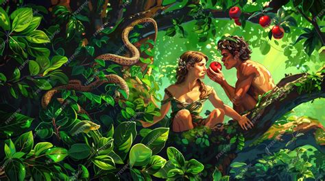 A Detailed Illustration Of Adam And Eve Eating The Forbidden Apple In