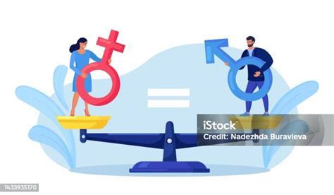 균형 잡힌 비늘에 서있는 남자와 여자 남녀 평등 성차별이 없는 인력 공정한 직업 기회와 급여 동등한 경력 기회 남녀 간의 평등한