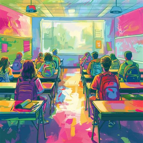 A Colorful Painting Of A Classroom With People Sitting In It Premium Ai Generated Image A Colorful Painting Of A Classroom With People Sitting In It Premium Ai Generated Image
