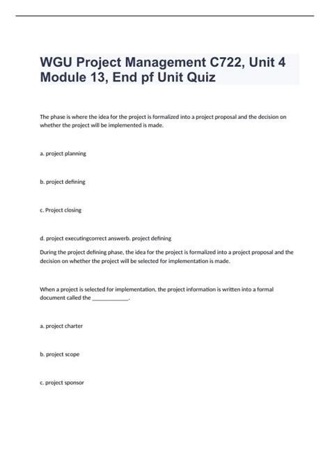 Wgu Project Management C722 Unit 4 Module 13 End Pf Unit Quiz Questions With Correct Answers