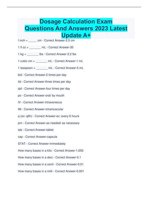 Dosage Calculation Exam Questions And Answers 2023 Latest Update A Dosage Calculation Stuvia Us