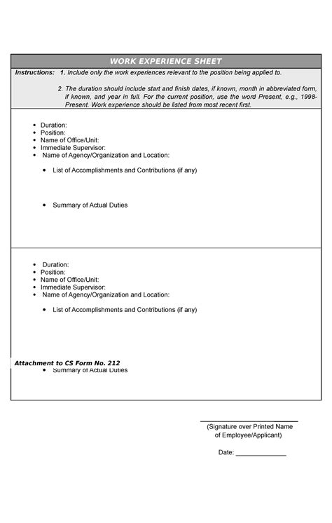 Cs Form No 212 Work Experience Sheet Work Experience Sheet Instructions 1 Include Only The