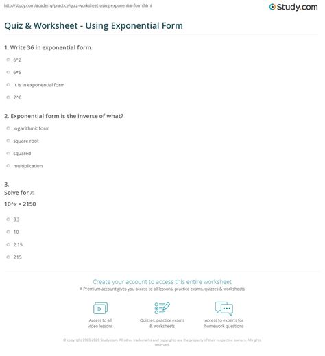 quiz and worksheet using exponential form