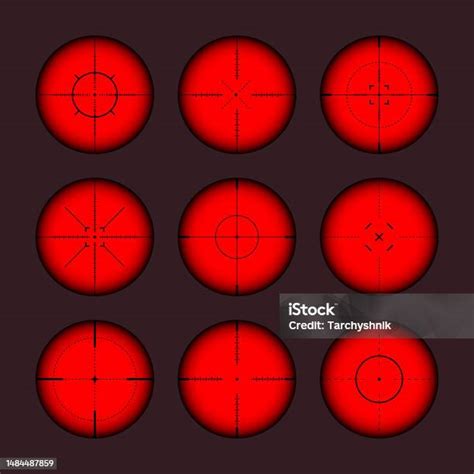 다양한 무기 열 적외선 광경 저격 소총 광학 범위 십자선이 있는 사냥용 총 뷰파인더 조준 사격 마크 기호 군사 표적 기호입니다 게임 Ui 요소입니다 벡터 그림 감시에 대한