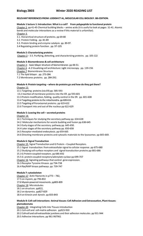 Textbook Problems BIO 2B03 Suggested Biology 2B03 Winter 2020 READING LIST RELEVANT REFERENCES