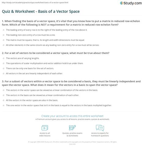Quiz And Worksheet Basis Of A Vector Space