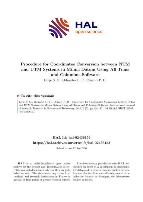 Pdf Procedure For Coordinates Conversion Between Ntm And Utm