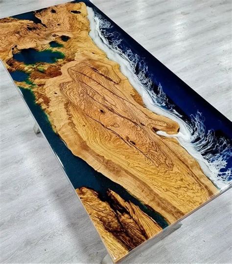 custom dark blue with crashing waves epoxy resin dining table coffee