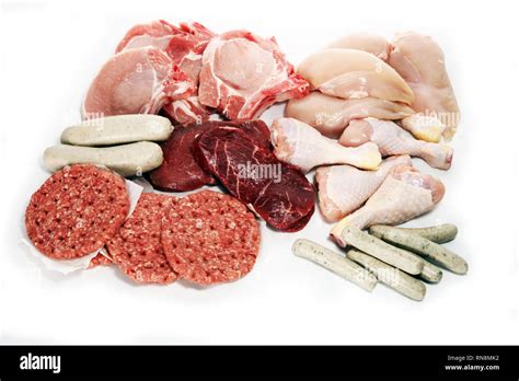 Raw Meat Different Types Of Raw Pork Meat Chicken And Beef And Sausages Stock Photo Alamy