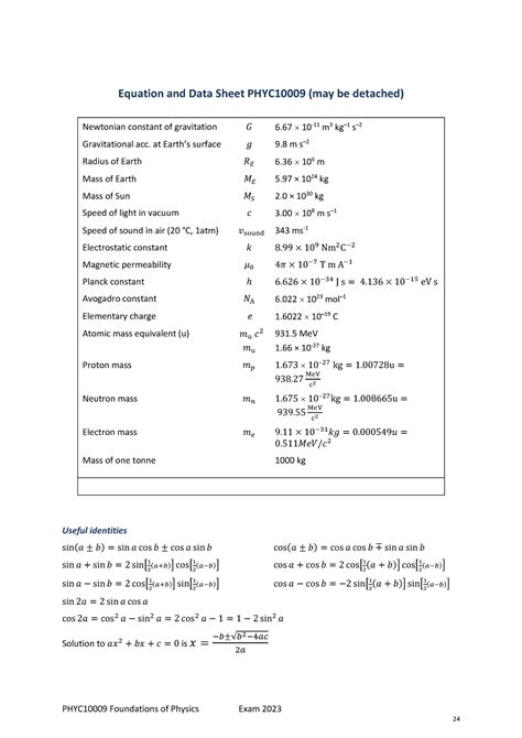 Equations Sheet Foundations Phyc10009 Foundations Of Physics Exam 2023 24 Equation And Data