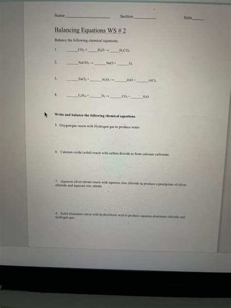 Solved Name Section Date Balancing Equations Ws 1 Identify