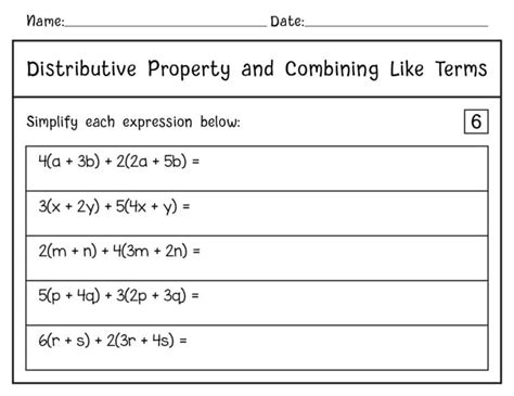 Distributive Property And Combining Like Terms Worksheets With Answer Keys