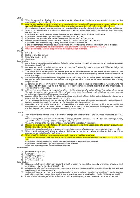 Crpc List Of Repeated Questions Unit 1 What Is Complaint Explain