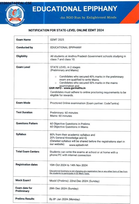 Eemt 2025 Educational Epiphany Merit Test Registration Gsr Info Ap