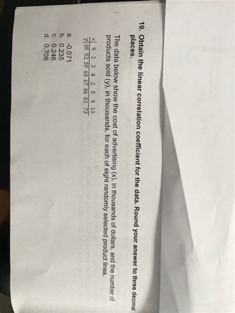 Solved 19 Obtain The Linear Correlation Coefficient For The