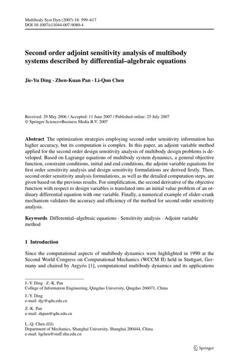 Pdf Second Order Adjoint Sensitivity Analysis Of Multibody Systems