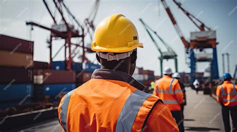 Premium Ai Image A Man Wearing Full Ppe Standing Looking At Port Cargo Container Box At A