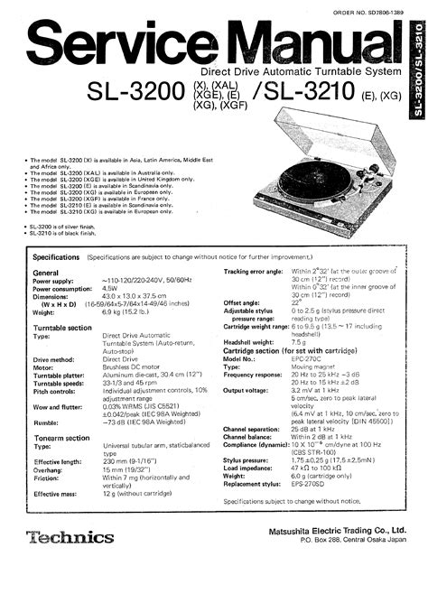 Service Manual For TECHNICS SL 3200 Download