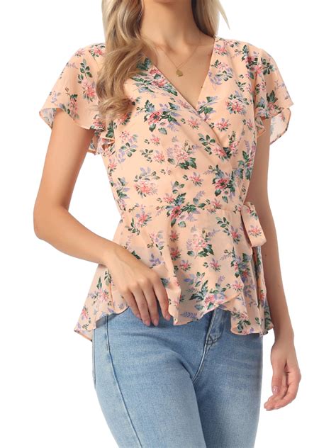 Inspire Chic Womens Wrap Tops Floral Printed V Neck Tie Waist Peplum
