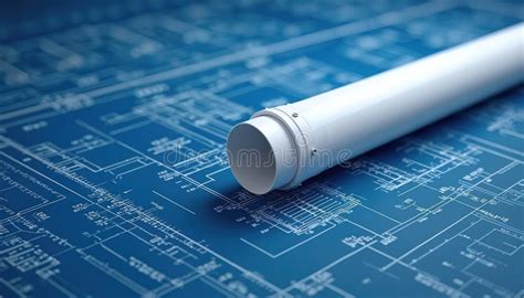 Detailed Blueprint Illustration White Pipe Laid On Blue Technical