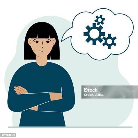 슬픈 여자는 기어 개념으로 꿈을 생각합니다 문제를 해결하는 것에 대해 생각하는 여성 이나 사업가 세 기어의 이미지가있는 풍선 경영자에 대한 스톡 벡터 아트 및 기타 이미지