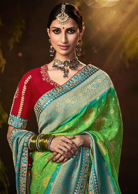 Raw Mango Green Woven Georgette Silk Banarasi Saree Urban Womania