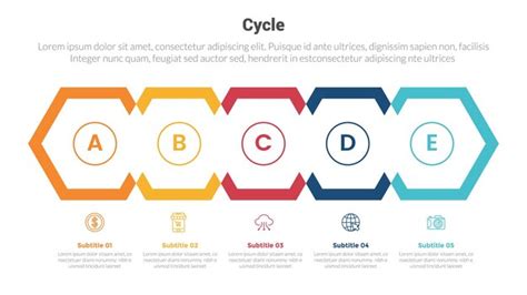 슬라이드 프리젠테이션 벡터를 위한 결합된 육각형 모양 5점 단계 창의적인 디자인이 있는 주기 또는 주기 단계 인포그래픽 템플릿