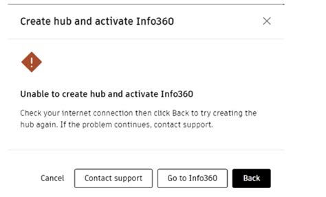 Unable To Create Hub And Activate Info360 When Attempting To Activate