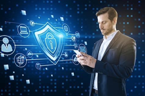 Premium Photo Attractive Young European Businessman Using Smartphone With Creative Glowing