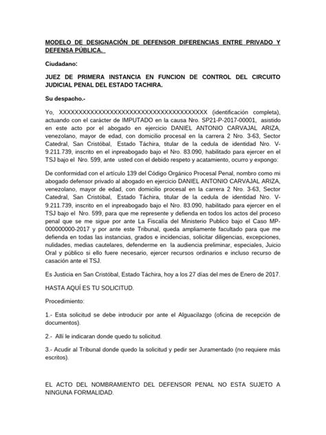 Modelo De Designación De Defensor Diferencias Entre Privado Y Defensa Pública Pdf Ley