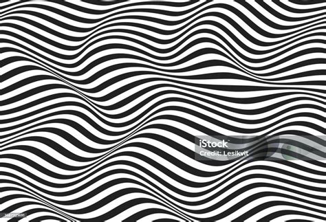 착시 현상의 물결 추상적인 흑백 삽화 수평선 줄무늬 패턴 또는 배경 물결 모양 왜곡 효과 강렬하고 밝은 색상에 대한 스톡 벡터