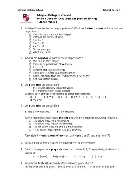 module code ma4001 logic and problem solving tutorial week 1 pdf