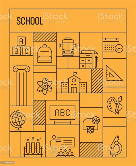 학교 개념입니다 학교 관련 된 라인 아이콘 기하학적 복고풍 스타일 배너 및 포스터 개념 복고풍에 대한 스톡 벡터 아트 및 기타