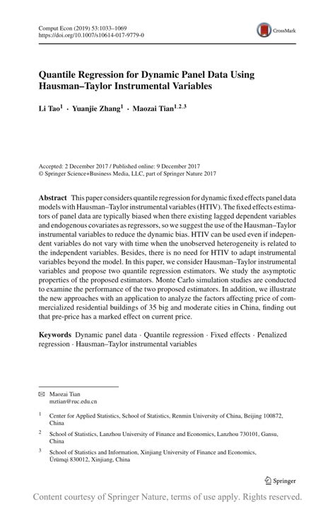 Quantile Regression For Dynamic Panel Data Using Hausmantaylor