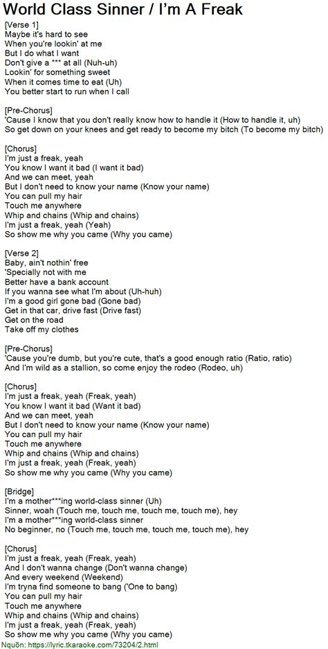 Loi Bai Hat World Class Sinner Im A Freak Co Nhac Nghe