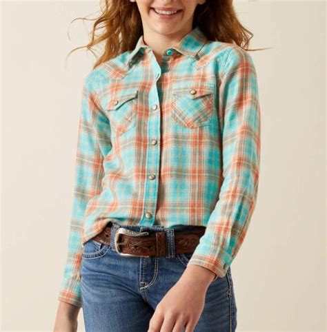 Sale Ariat® Girls Ls Turquoiserust Plaid Edan Snap Shirt