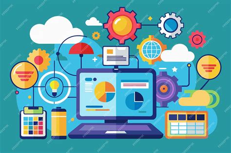 A Vibrant Digital Workspace Features A Computer Displaying Colorful Charts Gears And Various
