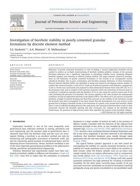 PDF Numerical Simulation Of Borehole Stability In Poorly Cemented Granular Sands