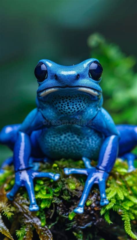 Detailed Close Up Of An Azureus Dart Frog Dendrobates Tinctorius Resting On Lush Green Moss
