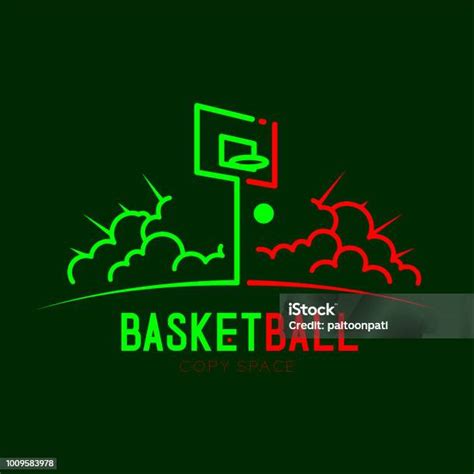 클라우드 반경 로고 아이콘 개요 획 농구 후프 대시 선 디자인 그림 어두운 녹색 배경을 농구 텍스트와 복사 공간에 격리 설정 0명에 대한 스톡 벡터 아트 및 기타 이미지