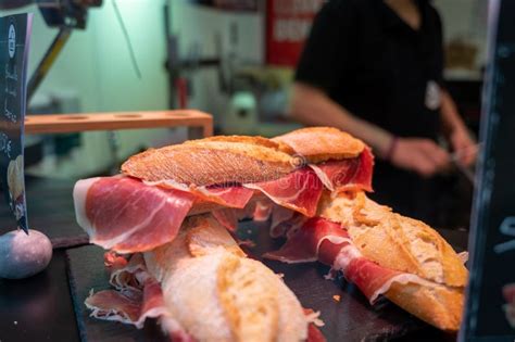 Spanish Street Food Bocadillo Bread Sandwich Dry Cured Ham Jamon