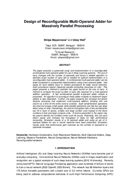Pdf Design Of Reconfigurable Multi Operand Adder For Massively Parallel Processing