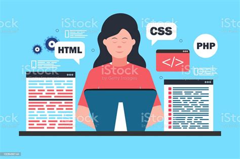 웹 개발 평면 디자인 일러스트레이션 랩톱과 컴퓨터 화면이 있는 크리에이티브 배너는 앱 코딩 및 프로그래밍을 보여 주었습니다